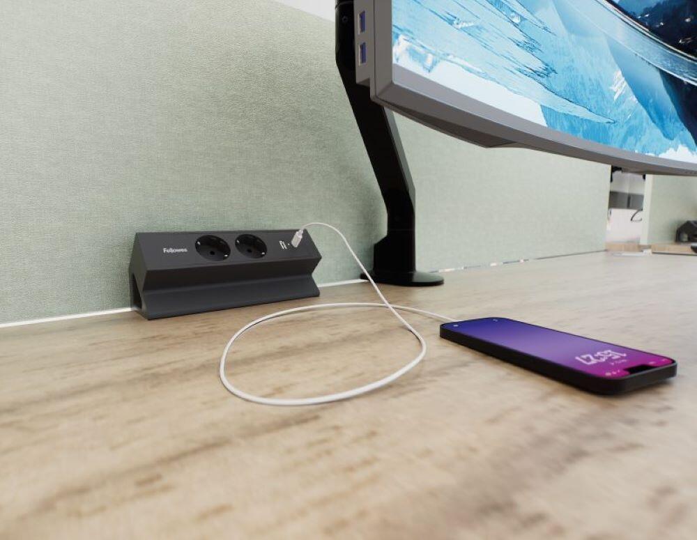 Filex Power Desk Up 2.0 – 2× 230V mit USB A + C – Schwarz | Ergo2Work